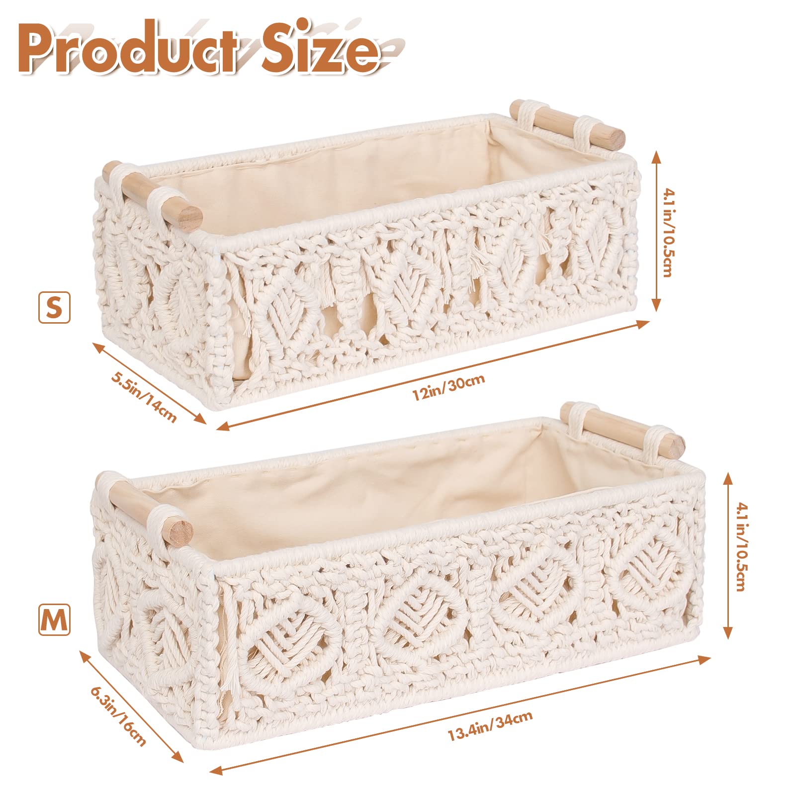 FLMOUTN 2Pcs Macrame Storage Baskets, Handmade Woven Boho Decor Baskets with Wooden Handles, Small Boho Countertop Organizer Bins Boxes for Bedroom Living Room Nursery