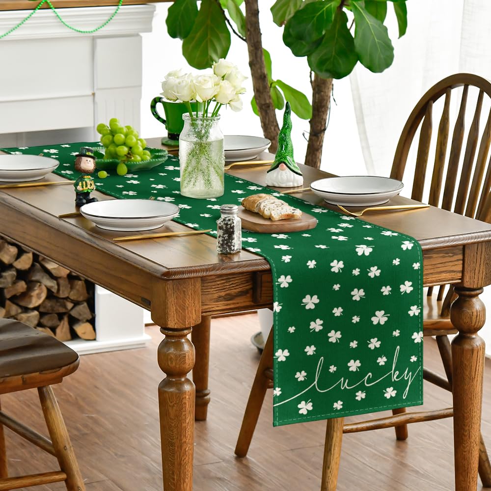 Artoid Mode Green Lucky Shamrock St. Patrick's Day Table Runner, Seasonal Spring Holiday Kitchen Dining Table Decoration for Indoor Outdoor Home Party Decor 13 x 72 Inch