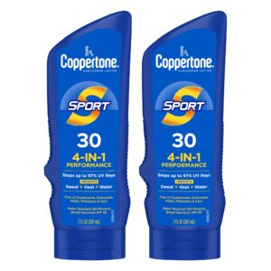 coppertone sport sunscreen lotion spf 30, water resistant body sunscreen, broad spectrum spf 30 sunscreen, bulk sunscreen pack, 7 fl oz bottle, pack of 2