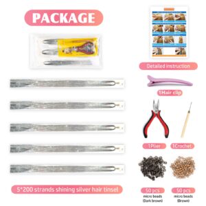 Hair Tinsel Kit with Tools and Instruction Easy to Use 1000 Strands 47 Inches Glitter Tinsel Hair Extensions for Women and Girls, Sparkling Shinny Fairy Hair Accessories for Christmas New Year Halloween Cosplay Party (Silver)