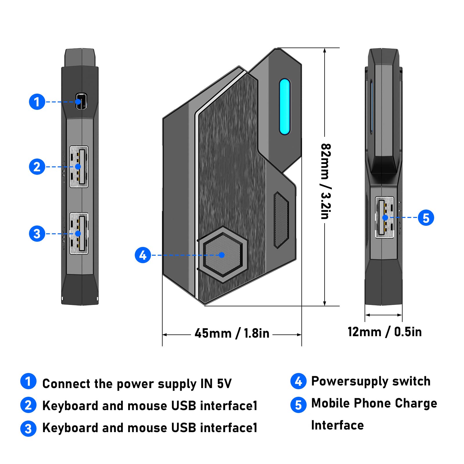 Gaming Keyboard Mouse Converter Gaming Keyboard Mouse Set RGB Gradient USB One Handed Keyboard Type C Wired Mouse Mobile Phone Holder(Mix SE automatic pressure gun set)