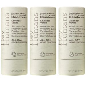 hey humans deodorant, aluminum free deodorant for women and men, contains naturally derived ingredients, all day odor control, refreshing deodorant essential oils, pack of 3, lavender vanilla