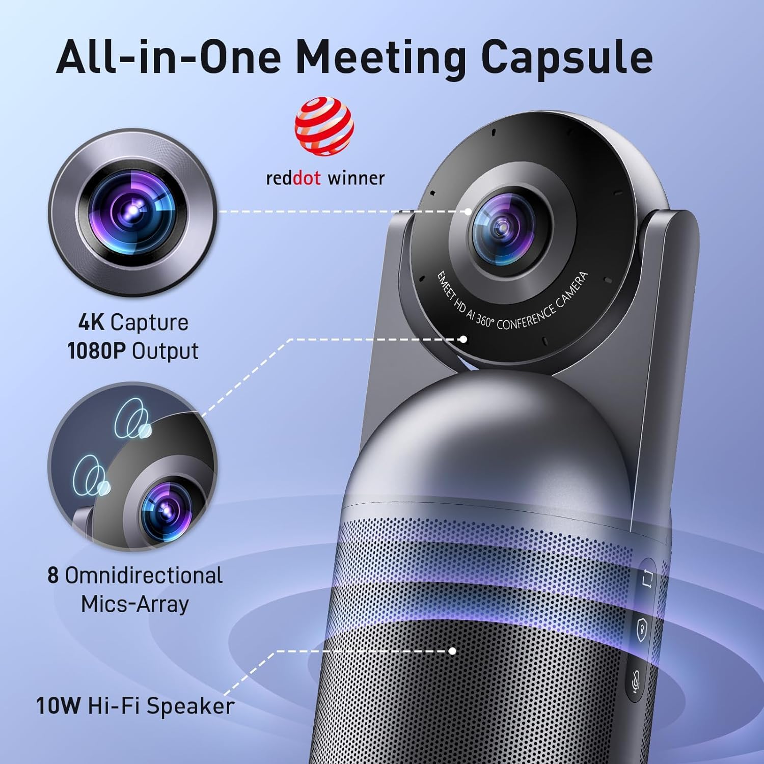 EMEET Meeting Capsule (Gen 2), 360° 4K Capture, 1080p AI Video Conference Camera, AI Voice/Face/Figure Tracking, 8 Noise-Cancelling Mics, 10W Hi-Fi Speaker, Plug & Play, for up to 10 People