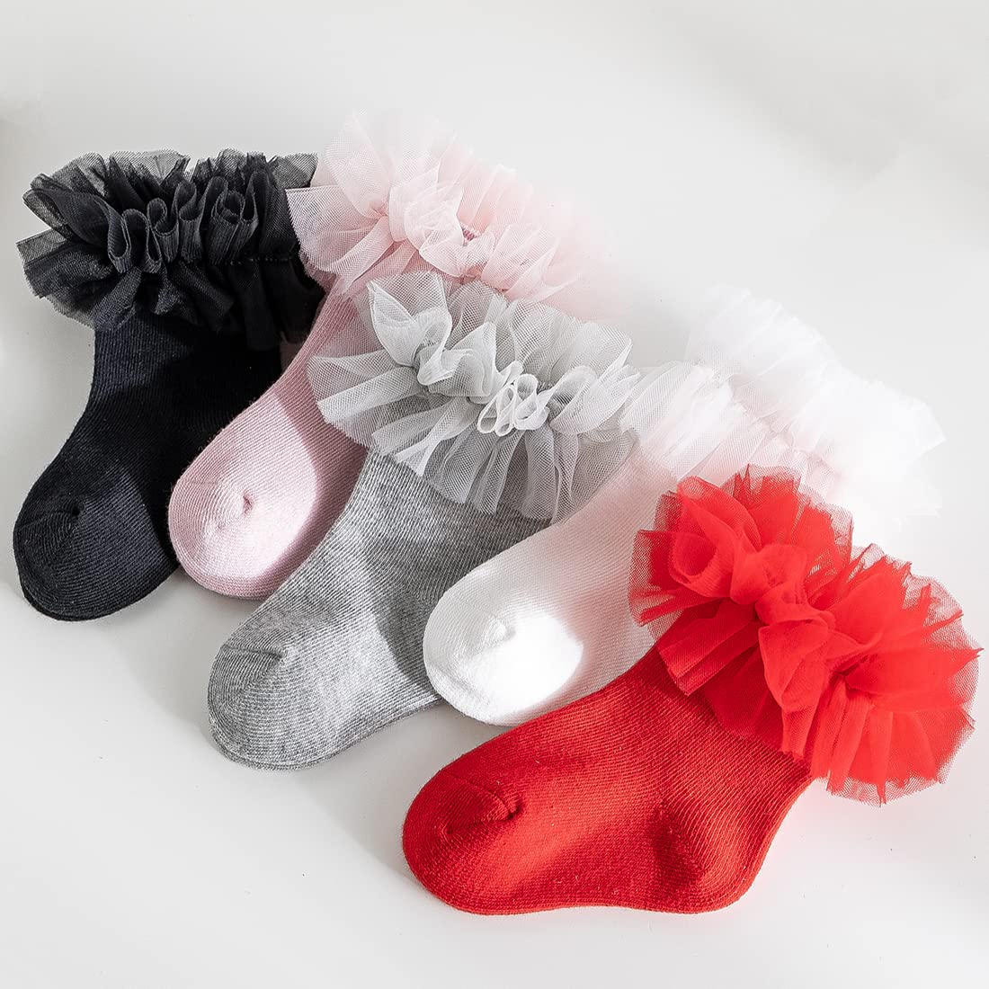 HOUSEYUAN Newborn Ruffle Socks For Toddler Baby Girls 6-12 Month Infant Lace Frilly Ankle Socks Dress 0-3 Months Red/Black/White 5 Pairs 0-1T