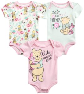 disney baby girls? minnie mouse bodysuit ? 3 pack romper: easy diaper change, size 0-3m, pooh bear pink/green