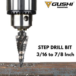 GUSHI Step Drill Bit,3/16 to 7/8 Inch M2 HSS High Speed Steel Spiral Grooved Step Bit for Stainless Steel, Hardened Metal, Mild Steel, Galvanized Steel, Aluminum, Copper, Plastic, Wood