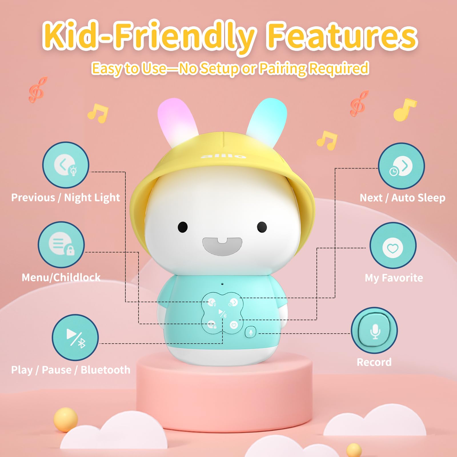 alilo Bunny Kids Music Player Storytelling Toys for Toddler Infant Baby Gift Pre-stored 16 Bedtime Stories/48 Nursery Rhymes/12 Soothing Music/White Noise, with Nightlight,Bluetooth,Record Function