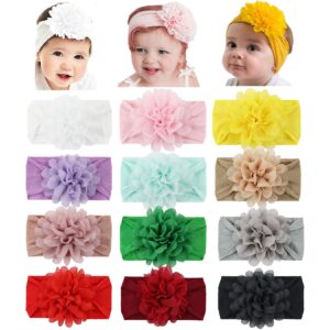 cinaci 12 pack solid stretchy wide nylon headbands with big chiffon flower hairbands hair accessories for baby girls newborns infants toddlers kids