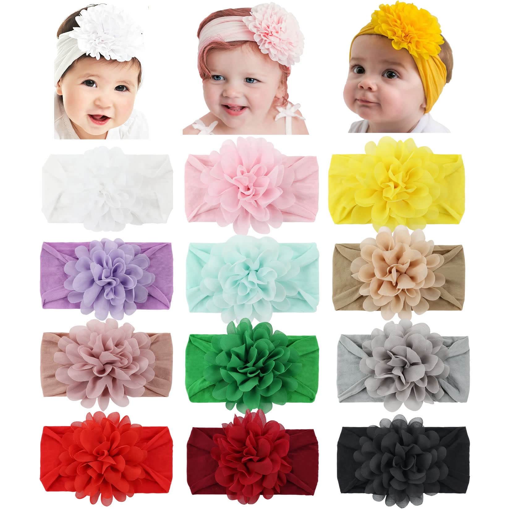 Cinaci 12 Pack Solid Stretchy Wide Nylon Headbands with Big Chiffon Flower Hairbands Hair Accessories for Baby Girls Newborns Infants Toddlers Kids