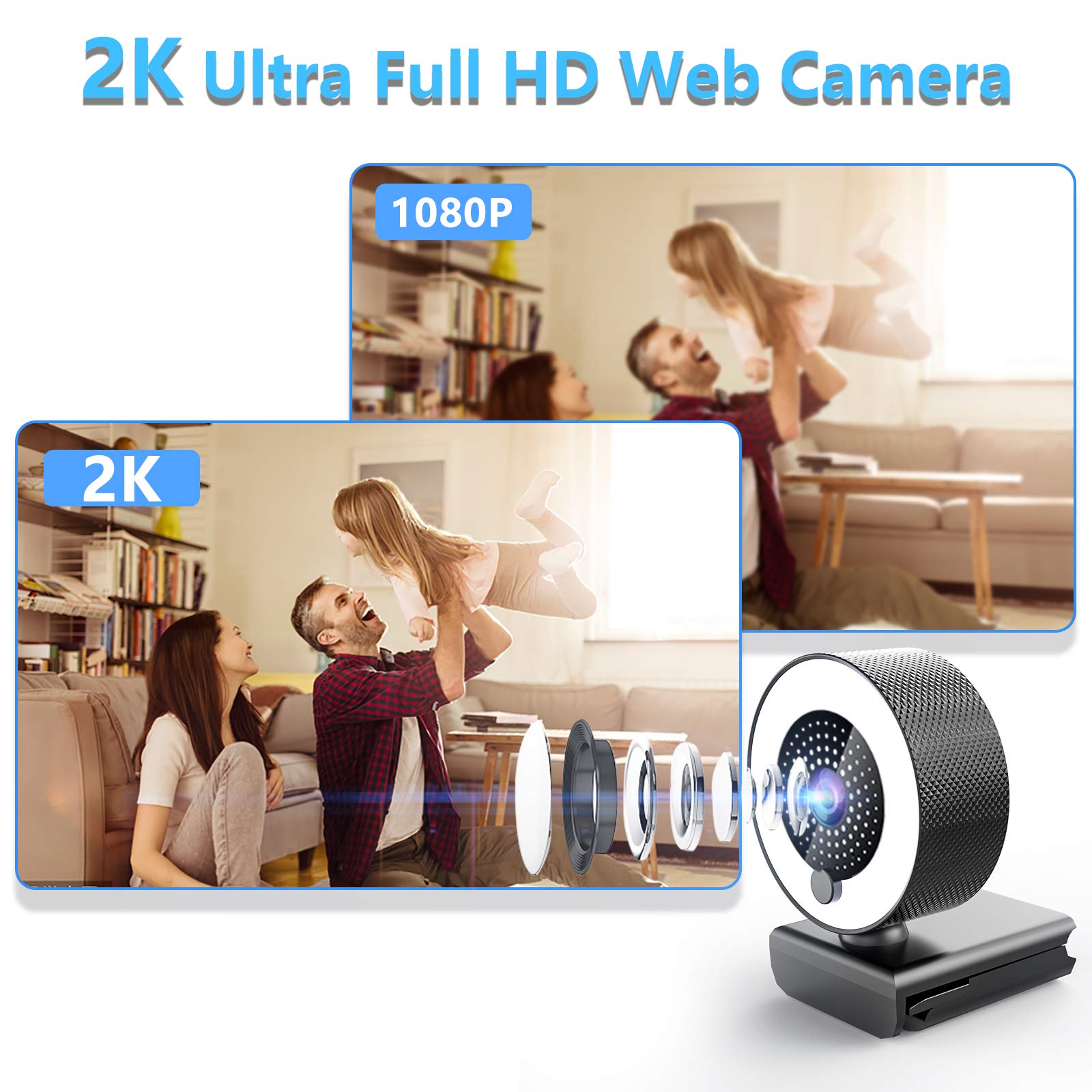 Streaming Webcam with Microphone & Ring Light 2K HD Web Cam with Cover,Stand for PC/MAC/Laptop/Desktop, Wide Angle Web Cameras for YouTube,Skype,Zoom,Xbox One,Video Calling,Studying and PS4