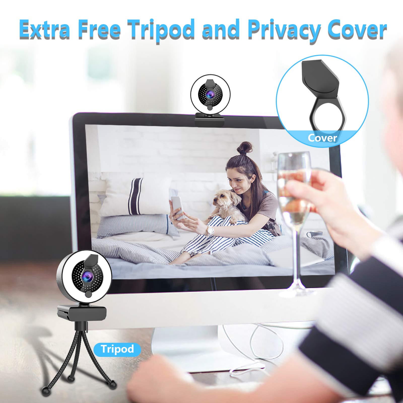 Streaming Webcam with Microphone & Ring Light 2K HD Web Cam with Cover,Stand for PC/MAC/Laptop/Desktop, Wide Angle Web Cameras for YouTube,Skype,Zoom,Xbox One,Video Calling,Studying and PS4