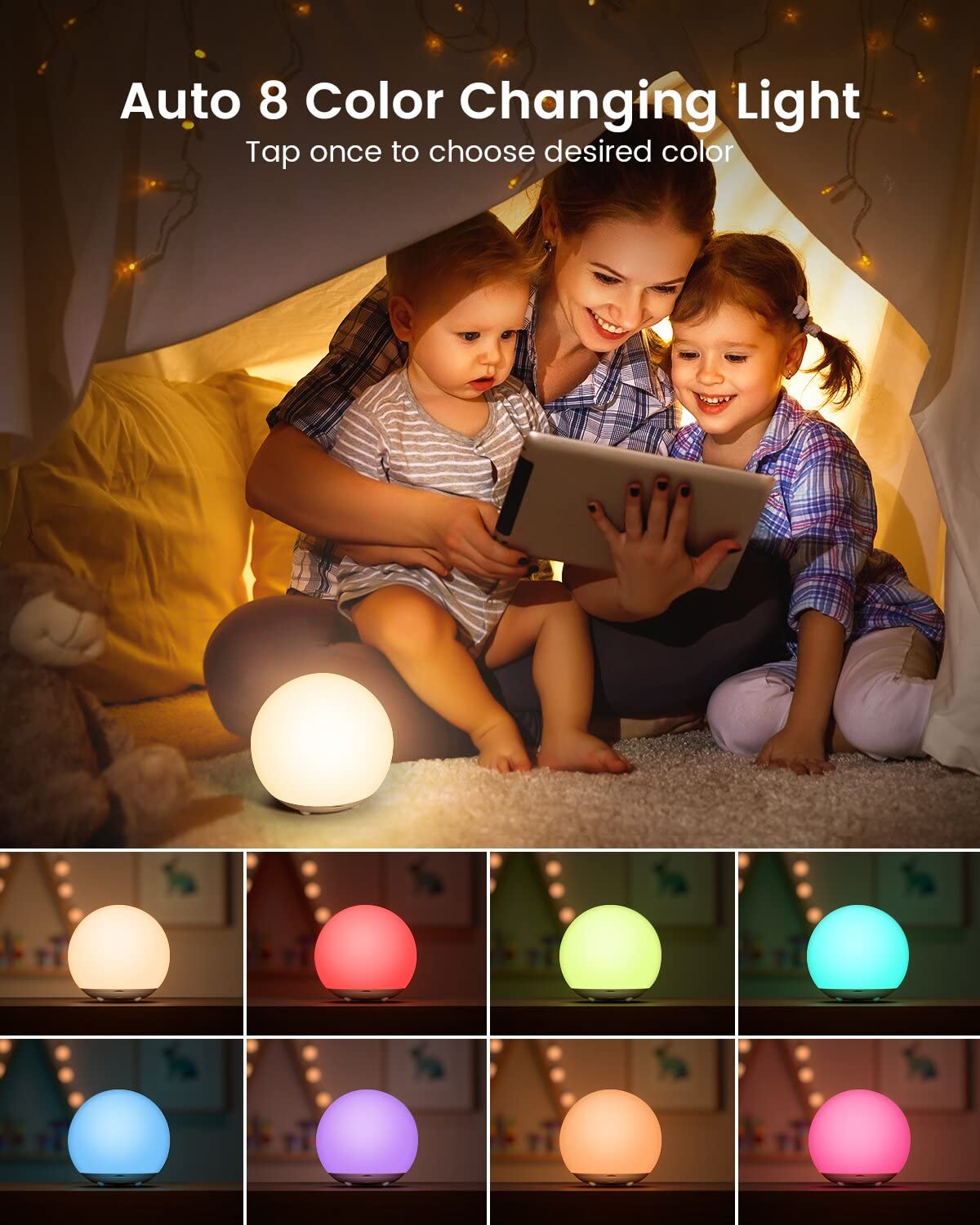 Morfone Night Light for Kids Baby Night Light with Soft Warm Light & Auto 8 Color Changing Dimmable Rechargeable Nursery Night Light with Touch Control & Timer Setting for Breastfeeding Up to 200H