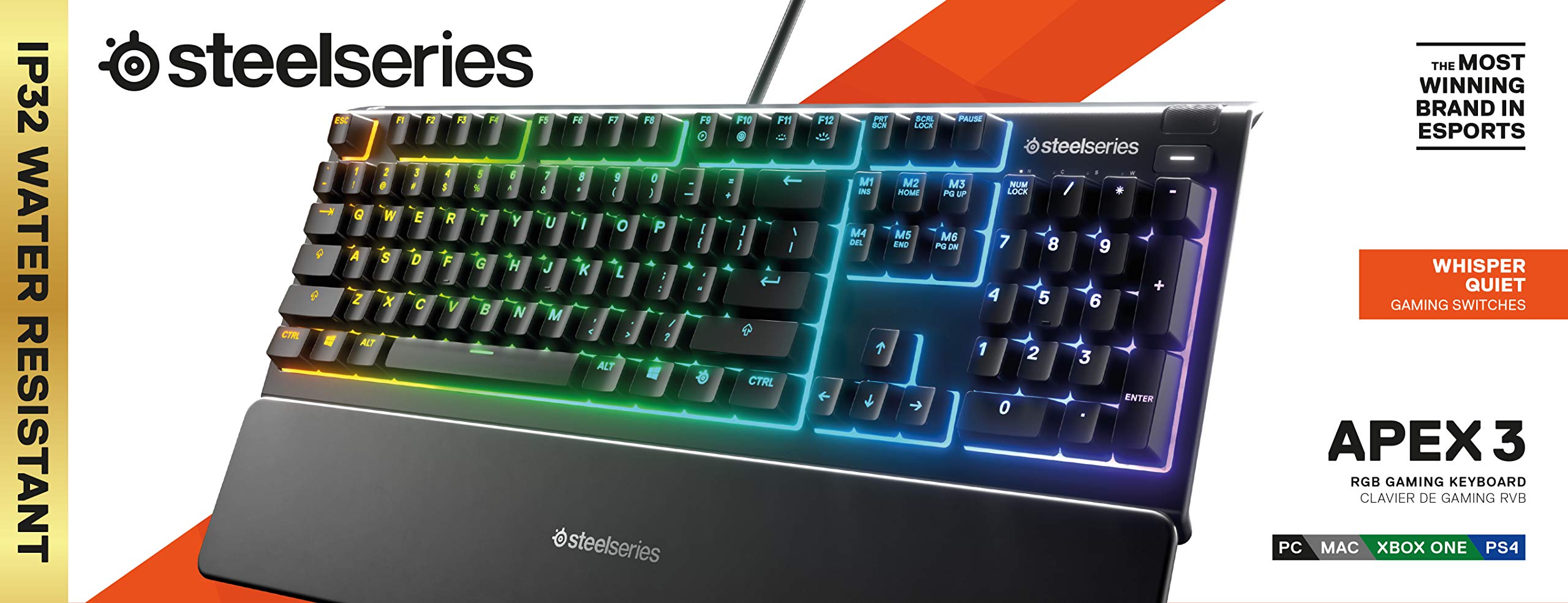 SteelSeries Apex 3 RGB Gaming Keyboard – 10-Zone RGB Illumination – IP32 Water Resistant – Premium Magnetic Wrist Rest (Whisper Quiet Gaming Switch) - BR (Brazilian Portuguese)