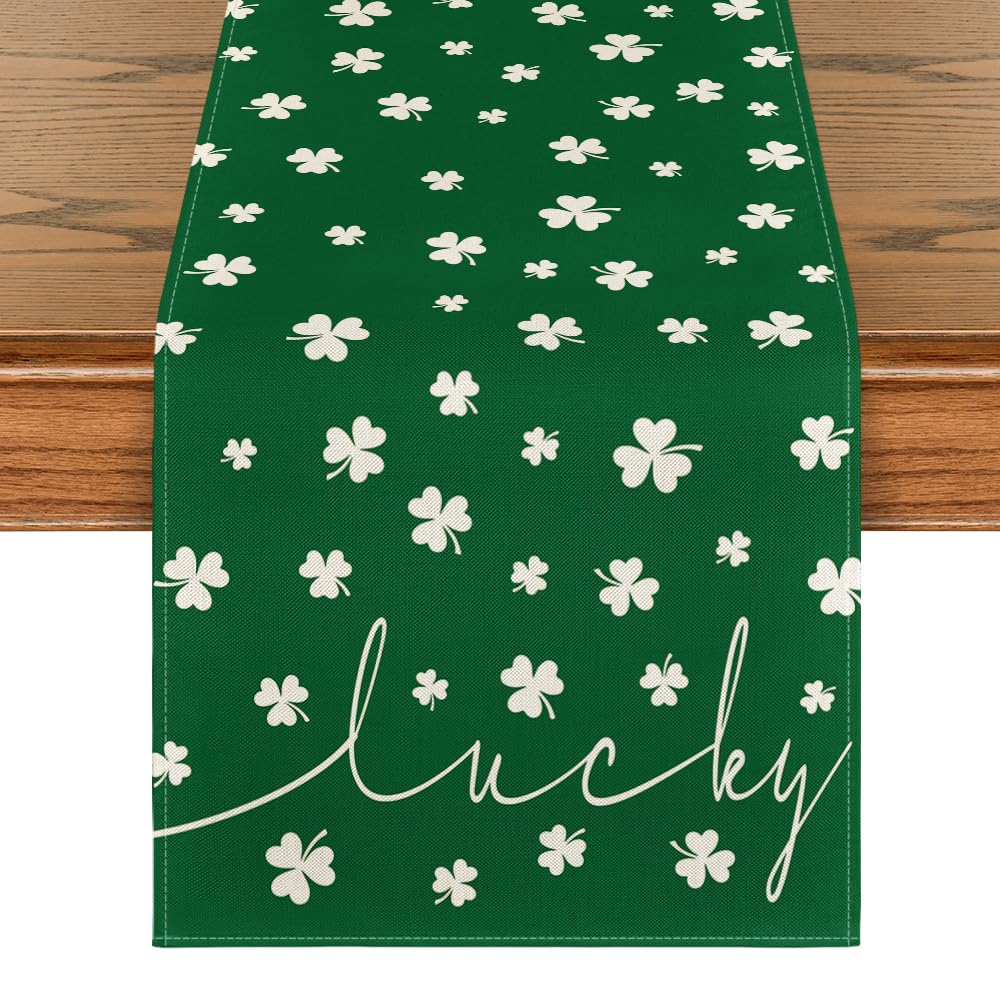 Artoid Mode Green Lucky Shamrock St. Patrick's Day Table Runner, Seasonal Spring Holiday Kitchen Dining Table Decoration for Indoor Outdoor Home Party Decor 13 x 72 Inch