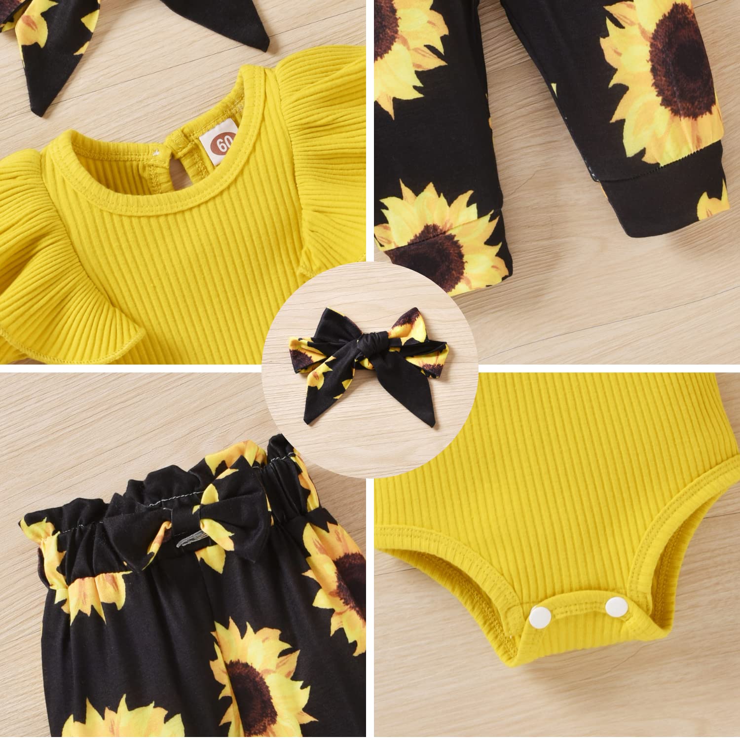 Unutiylo Preemie Baby Girl Clothes Ribbed Pants Set Ruffle Clothing Set Short Sleeve Sunflower Summer Outfits Yellow