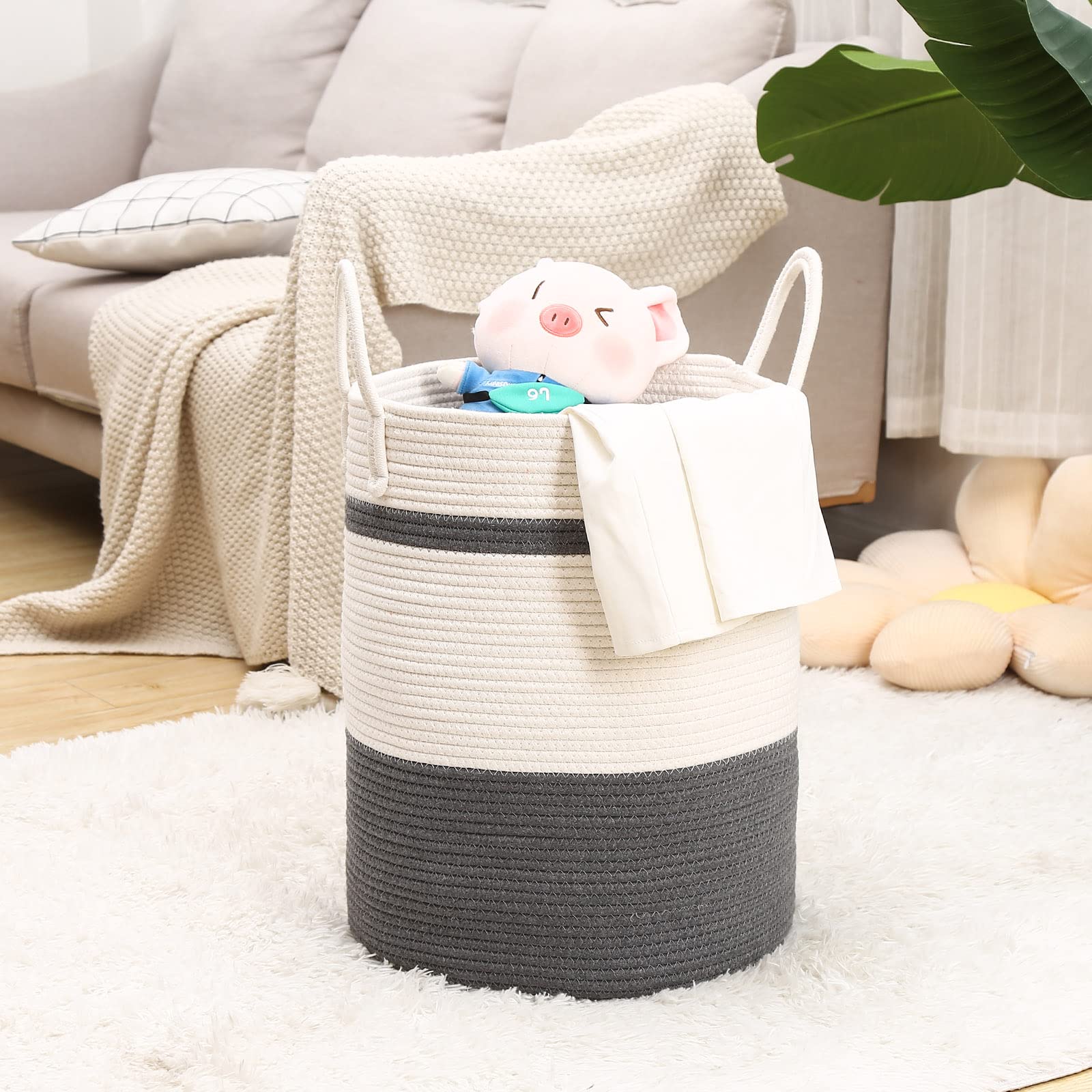 NPNG Large Cotton Rope Storage Basket,19.68"x14.96" Decorative Woven Cotton Rope Basket, Laundry Basket, Blanket Basket, Baby and Dog Toy Storage Baskets Kid Laundry Hamper Towel Basket