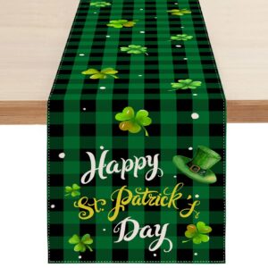 sambosk happy st. patrick's day clover table runner, spring shamrock green black buffalo farmhouse table runners for kitchen dining coffee or indoor and outdoor home parties decor 13 x 72 inches sk062