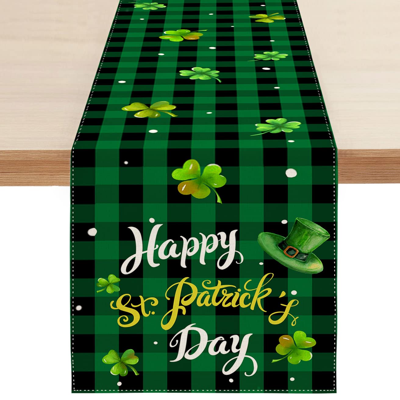 Sambosk Happy St. Patrick's Day Clover Table Runner, Spring Shamrock Green Black Buffalo Farmhouse Table Runners for Kitchen Dining Coffee or Indoor and Outdoor Home Parties Decor 13 x 72 Inches SK062