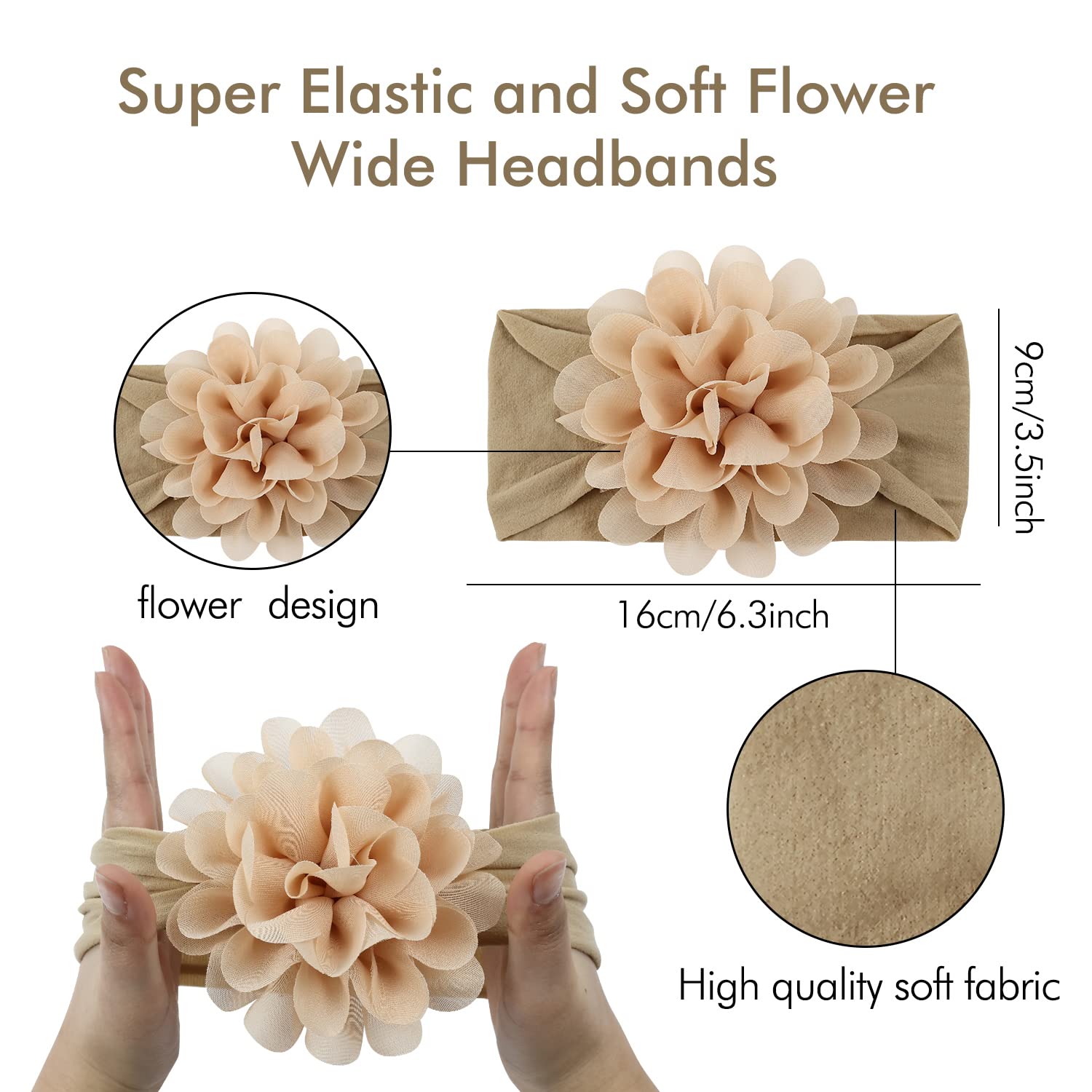 Cinaci 12 Pack Solid Stretchy Wide Nylon Headbands with Big Chiffon Flower Hairbands Hair Accessories for Baby Girls Newborns Infants Toddlers Kids