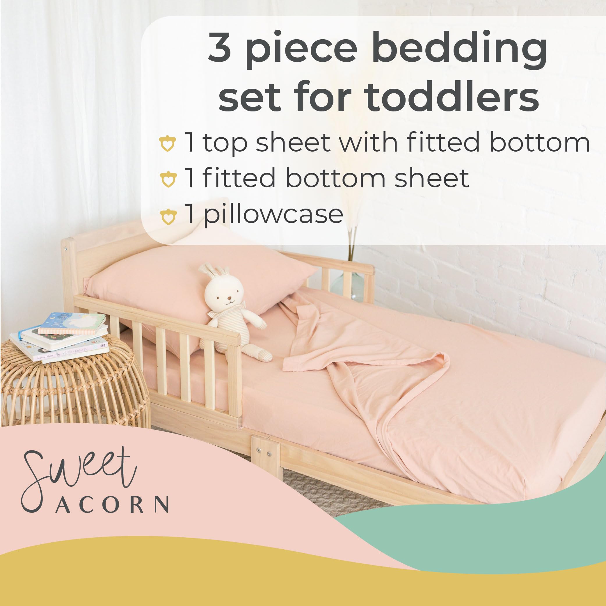 Sweet Acorn 3 Piece Toddler Bedding Sets - Organic Cotton Jersey Knit - Fits Convertible Cribs and Mattresses - 9" x 28" x 52" - Dahlia Pink