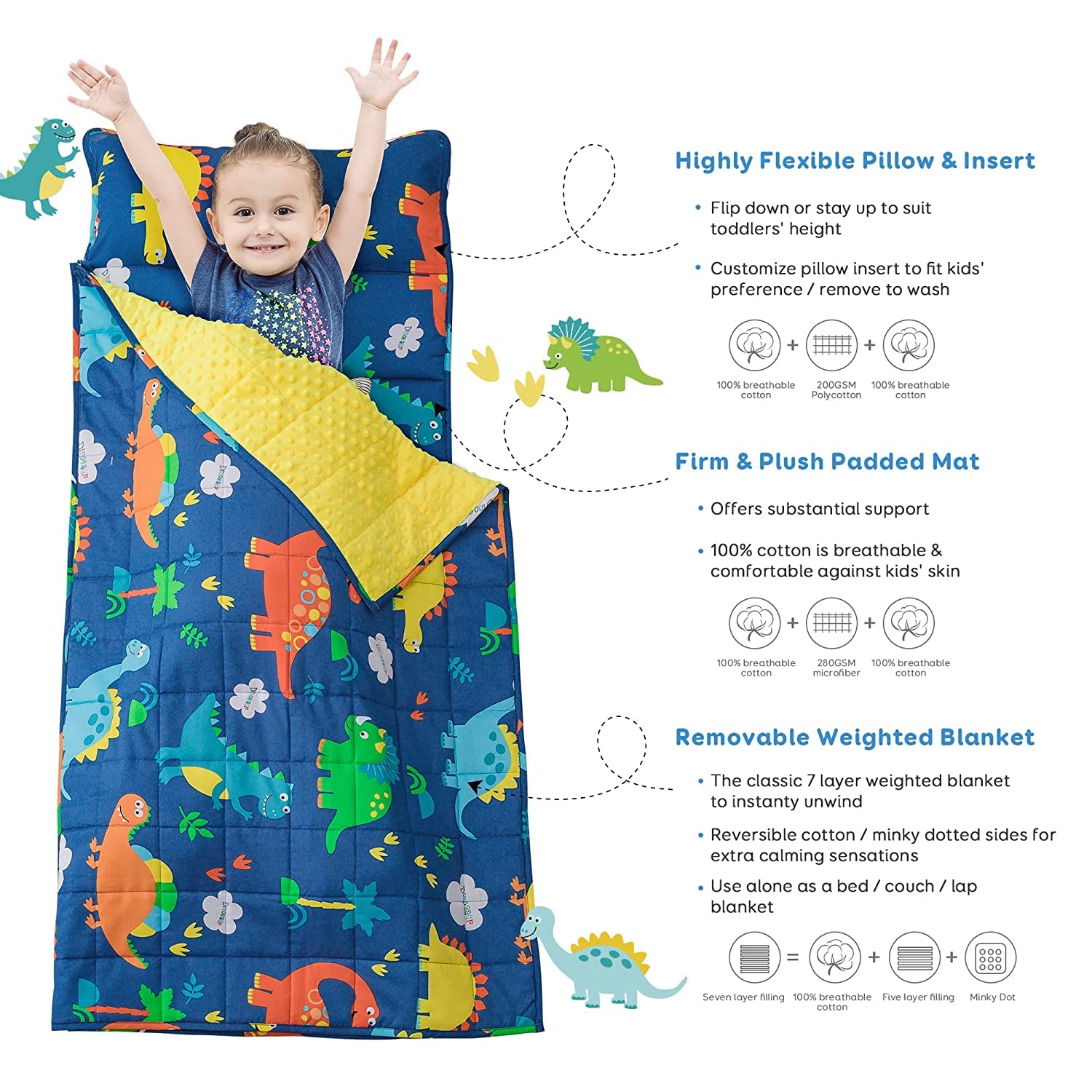 Sivio Nap Mat Weighted Blanket 3lbs, Weighted Nap Mat Blanket with Detachable Pillow, 50 x 20 Inches, Blue Dinosaur