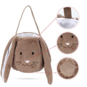 Easter Egg Hunting Baskets Plush Brown Easter Bunny Baskets with Long Plush Ear Personalized Bunny Easter Buckets Gift Bags for Boys Girls Easter Tote Bags for Easter Decorations Candy Gifts…