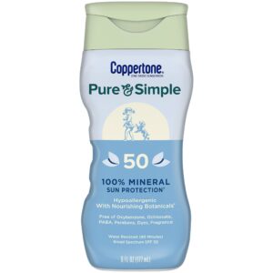 Coppertone Pure and Simple Sunscreen Lotion, SPF 50 Broad Spectrum Sunscreen with Zinc Oxide, 6 Oz, Pack of 2