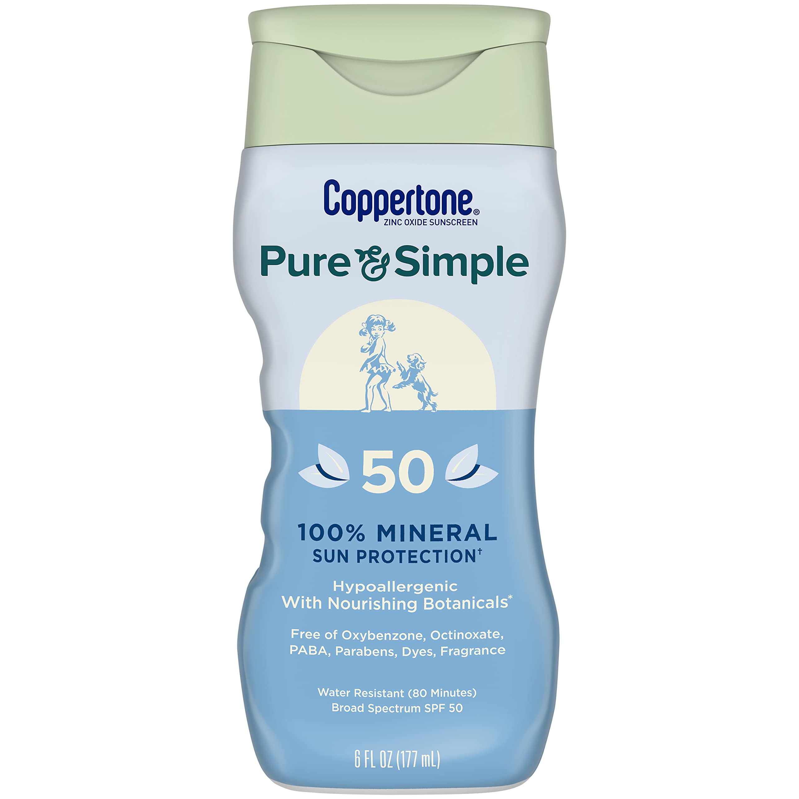 Coppertone Pure and Simple Sunscreen Lotion, SPF 50 Broad Spectrum Sunscreen with Zinc Oxide, 6 Oz, Pack of 2