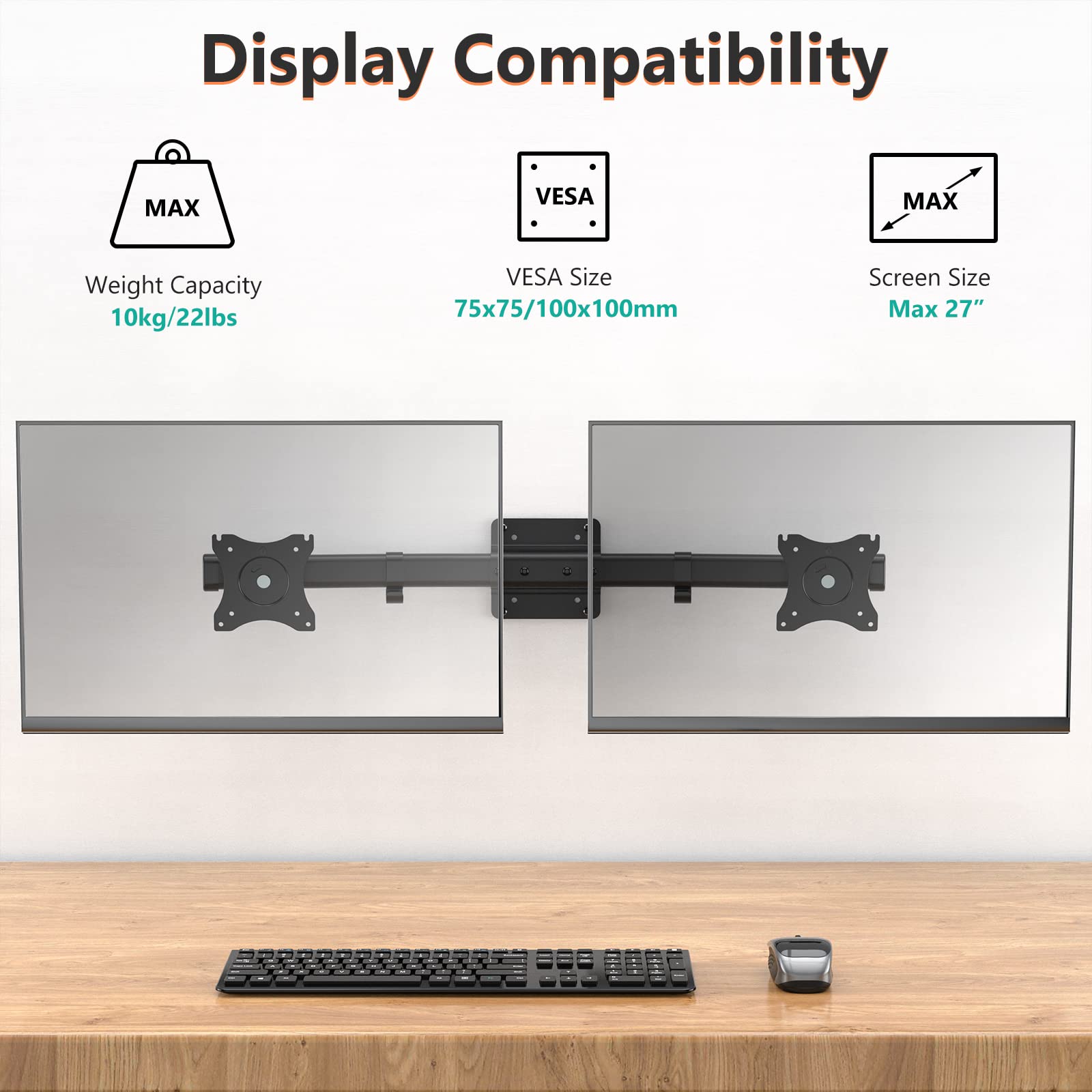 WALI Dual Monitor Wall Mount, Single to Double Bracket Adapter, Horizontal Assembly Arm for 2 Screen up to 27 inch (012ARM), Black