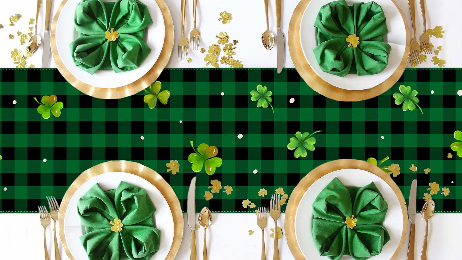 Sambosk Happy St. Patrick's Day Clover Table Runner, Spring Shamrock Green Black Buffalo Farmhouse Table Runners for Kitchen Dining Coffee or Indoor and Outdoor Home Parties Decor 13 x 72 Inches SK062