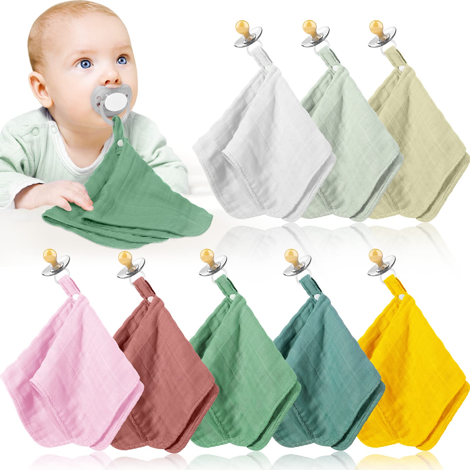 8 Pcs Organic Cotton Paci Blanket 8 Colors Muslin Mini Baby Blanket with Snap 6 Layers Security Pacifier Blanket 38 x 38 cm Blanket with Pacifier Holder Soft Breathable Lovey, Pacifier Not Included