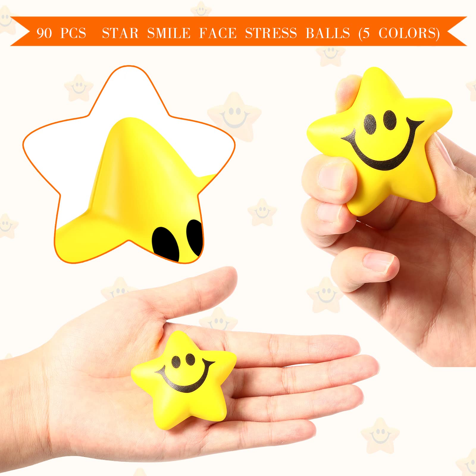 Civaner 90 Pcs Star Smile Face Stress Balls Mini Star Foam Balls Smile Funny Face Toys Relief Star Smile Balls for School Carnival Reward Student Prizes Party Favor Toy, 5 Colors