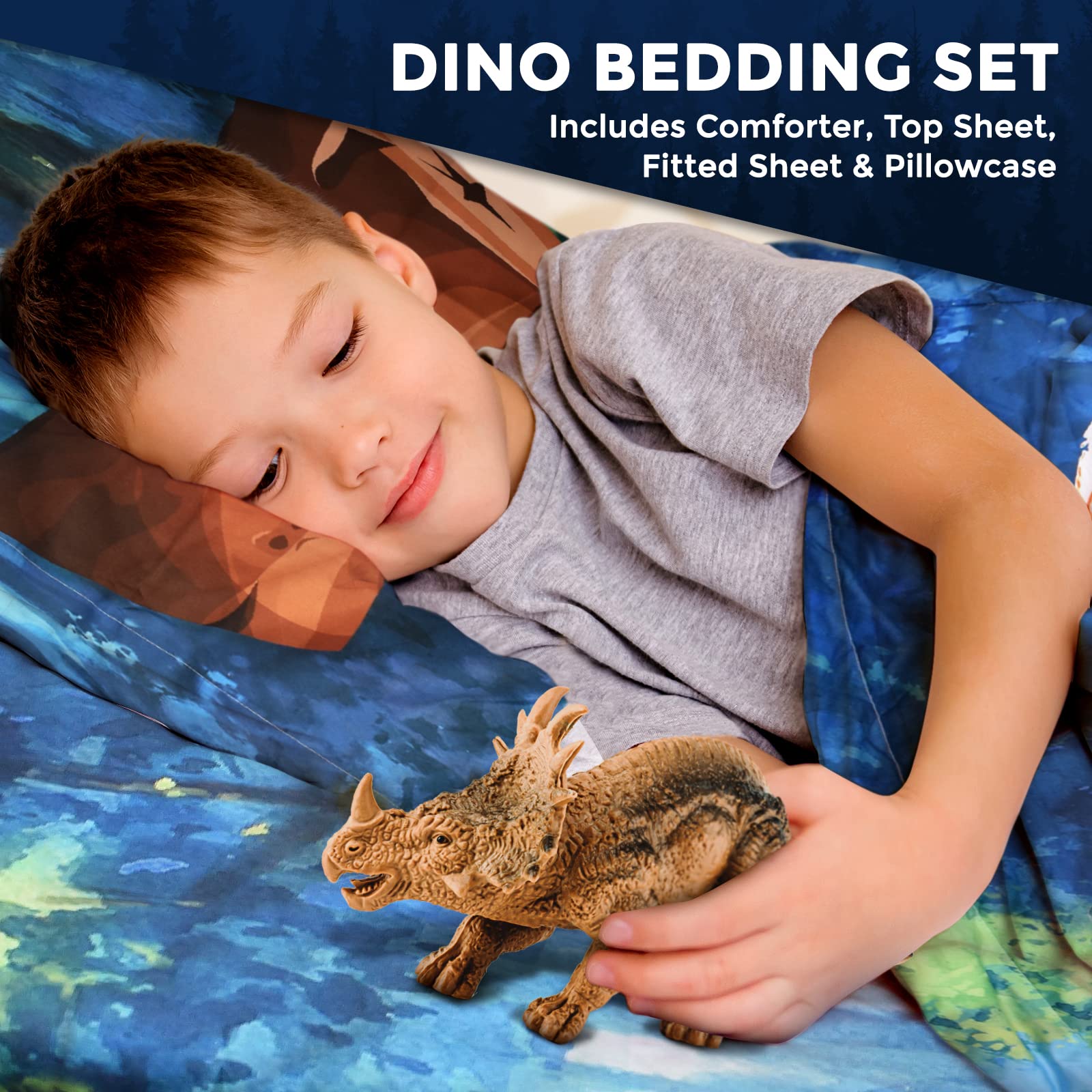 Toy To Enjoy Complete 4-Piece Toddler Dinosaur Bedding Set Premium Microfiber Set with Comforter, Top Sheet, Fitted Sheet & Pillowcase- Crib & Toddler Mattress Dino Sheet Set for Boys and Girls