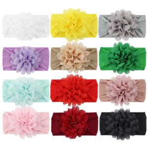 Cinaci 12 Pack Solid Stretchy Wide Nylon Headbands with Big Chiffon Flower Hairbands Hair Accessories for Baby Girls Newborns Infants Toddlers Kids