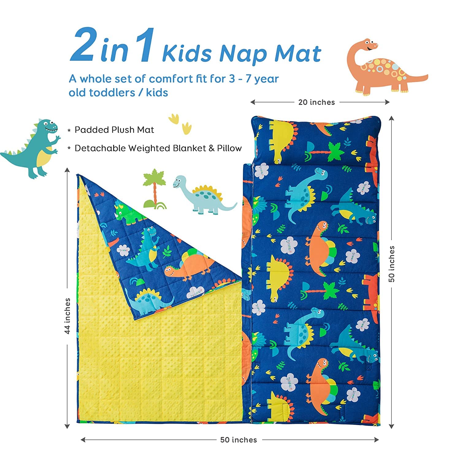 Sivio Nap Mat Weighted Blanket 3lbs, Weighted Nap Mat Blanket with Detachable Pillow, 50 x 20 Inches, Blue Dinosaur