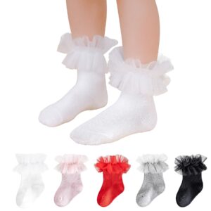 houseyuan newborn ruffle socks for toddler baby girls 6-12 month infant lace frilly ankle socks dress 0-3 months red/black/white 5 pairs 0-1t