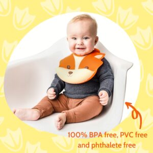 Silly Goose Set of 2 Silicone Animal Baby Bibs for Babies and Toddlers, Waterproof, Adjustable, Soft, Extra Wide Food Catcher Pocket (2PK Fox+Bear)