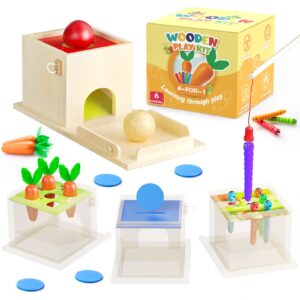 yehtta 4 in 1 educational montessori toys for 1 2 year old, include object permanence box, magnetic worm game, carrot harvest toy, coin drop toy, developmental montessori toys for babies 6-12 month