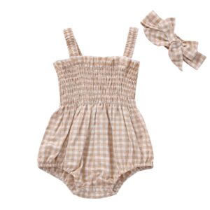 mersariphy newborn baby girl summer clothes cotton linen bodysuit romper floral pleated tops with headband (3-6 months, plaid)