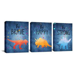 apicoture dinosaur wall art - navy blue orange funny jurassic dinosaur world paintings canvas wall art brave happy cartoon quotes pictures for kids room wall framed, 12"x16"x3 panels