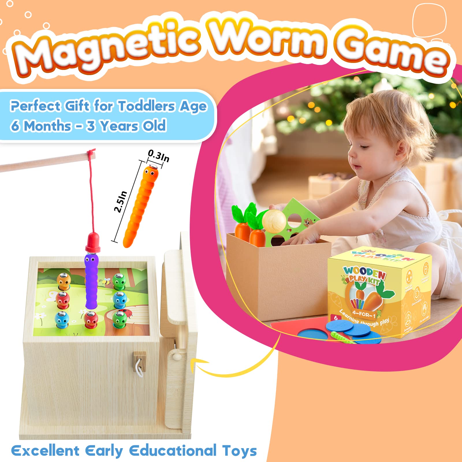 Yehtta 4 in 1 Educational Montessori Toys for 1 2 Year Old, Include Object Permanence Box, Magnetic Worm Game, Carrot Harvest Toy, Coin Drop Toy, Developmental Montessori Toys for Babies 6-12 Month