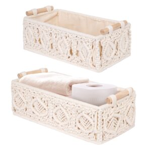 flmoutn 2pcs macrame storage baskets, handmade woven boho decor baskets with wooden handles, small boho countertop organizer bins boxes for bedroom living room nursery