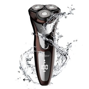 electric shavers for men flyspur 3d rechargeable 100% waterproof men rotary electric razor wet dry with pop up trimmer led display 120 minutes shaving (brown)