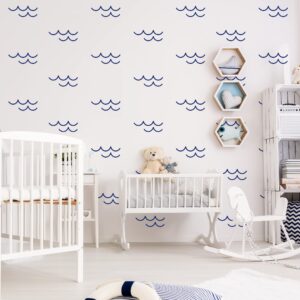 a room with dark blue wave vinyl wall decals, peel and stick ocean beach stickers for nursery, kids bedroom livingroom home wall decor