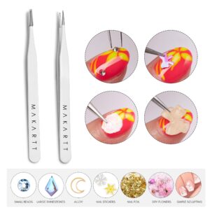 Makartt 2Pcs Straight Nail Tweezers Probe Tips Metal Precision Tweezers for Nail Art Picking Gems Rhinestones Acrylic Gel Stickers Eyelash Extensions Nail Tools