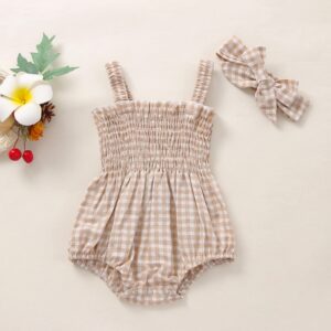 MERSARIPHY Newborn Baby Girl Summer Clothes Cotton Linen Bodysuit Romper Floral Pleated Tops with Headband (3-6 Months, Plaid)