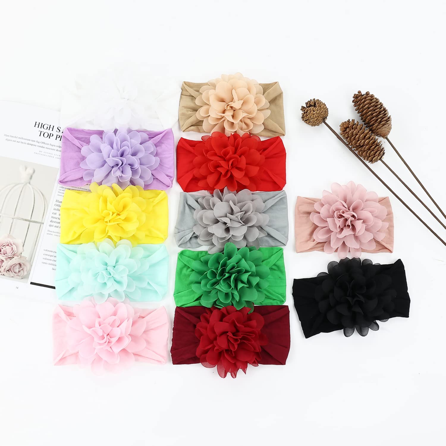 Cinaci 12 Pack Solid Stretchy Wide Nylon Headbands with Big Chiffon Flower Hairbands Hair Accessories for Baby Girls Newborns Infants Toddlers Kids