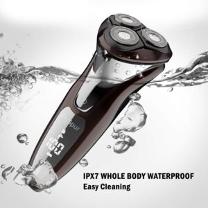 Electric Shavers for Men FlySpur 3D Rechargeable 100% Waterproof Men Rotary Electric Razor Wet Dry with Pop up Trimmer LED Display 120 Minutes Shaving (Brown)