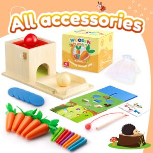 Yehtta 4 in 1 Educational Montessori Toys for 1 2 Year Old, Include Object Permanence Box, Magnetic Worm Game, Carrot Harvest Toy, Coin Drop Toy, Developmental Montessori Toys for Babies 6-12 Month