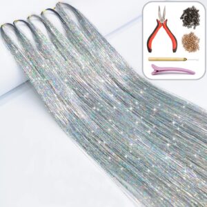 hair tinsel kit with tools and instruction easy to use 1000 strands 47 inches glitter tinsel hair extensions for women and girls, sparkling shinny fairy hair accessories for christmas new year halloween cosplay party (silver)